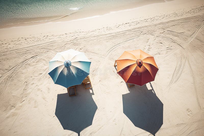 Two Beach Umbrellas with Sun Loungers on the Beach, View from the Top ...
