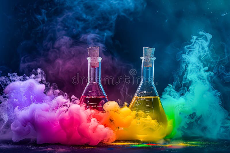 Two Beakers of Different Colors are Sitting on a Table with Smoke Stock ...