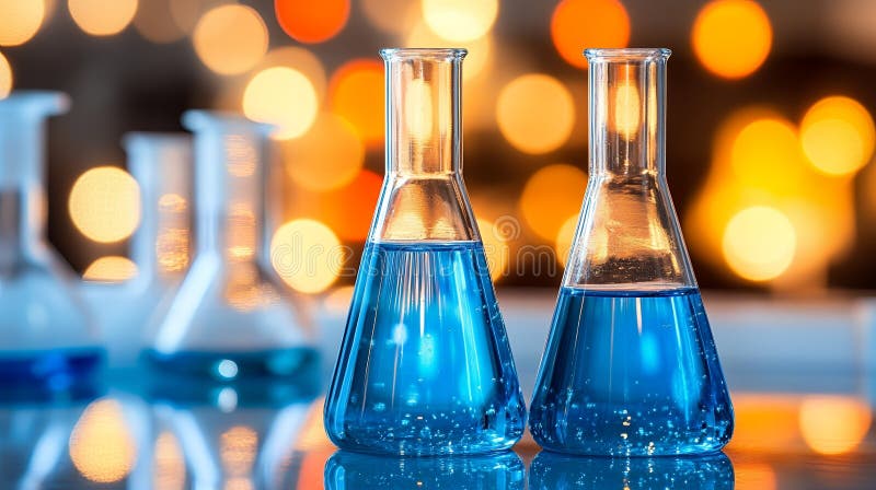 Two Beakers Filled with Blue Liquid Sit in a Lab Setting Stock ...