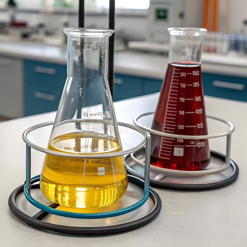 Two Beakers on Ring Stand with Colored Liquids Stock Illustration ...