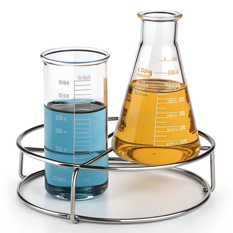 Two Beakers on Ring Stand with Colored Liquids Stock Illustration ...