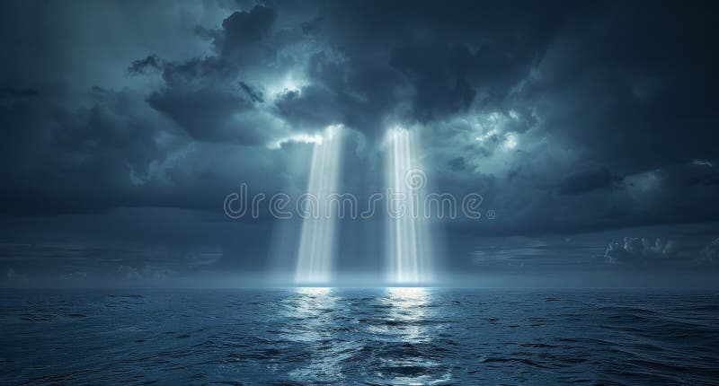 Two Beams of Light Piercing through Dark Clouds Over the Ocean at Night ...