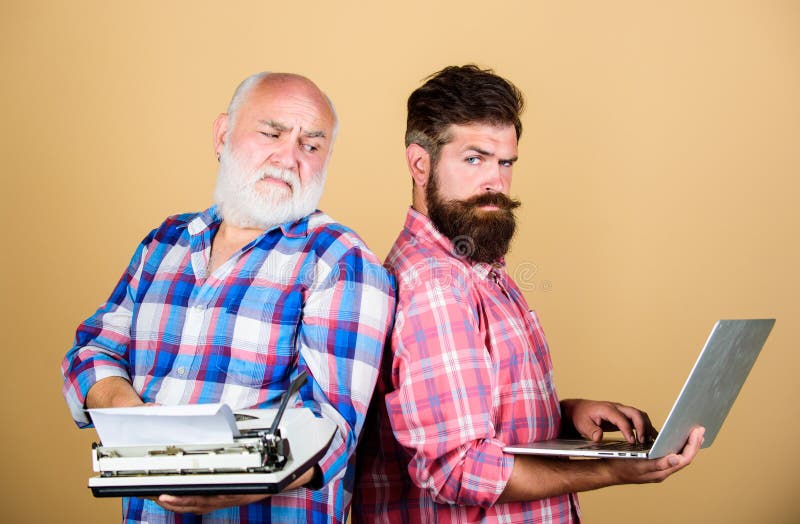 Two Bearded Men. Vintage Typewriter. Father and Son. Technology ...