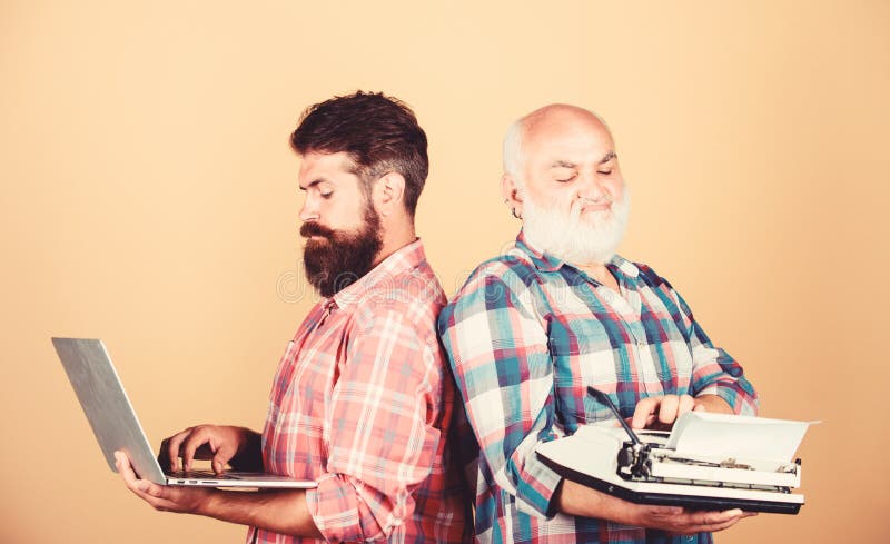 Two Bearded Men. Vintage Typewriter. Technology Generation Battle ...