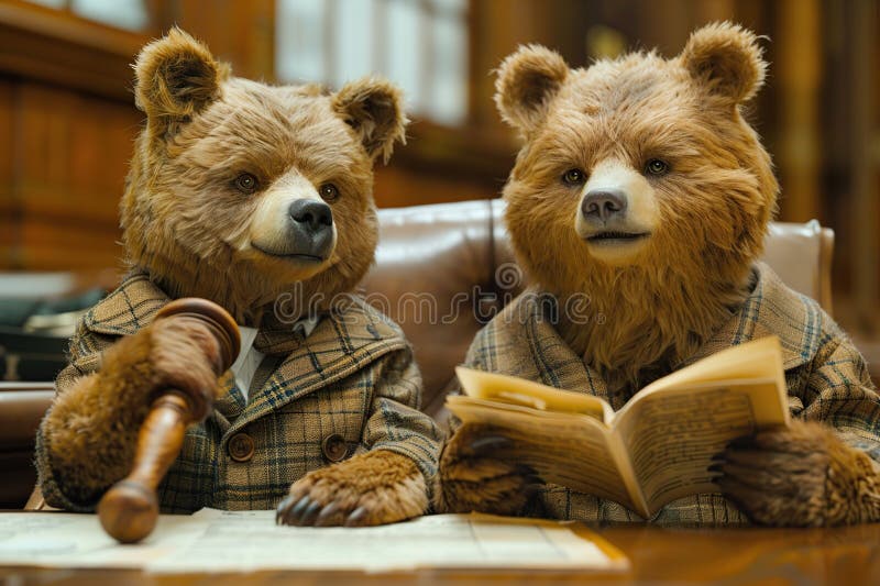 Two Bears Dressed in Suits, One Holding a Gavel, the Other Reading a ...
