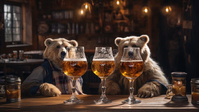 Two Bears Drinking Beer in Pub. Beer Glasses on Table Stock Illustration - Illustration of glass ...
