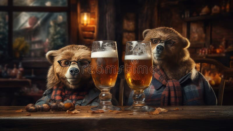 Two Bears Drinking Beer in a Pub. Wooden Table with Bear Stock ...