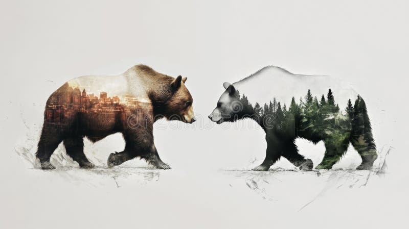 Two Bears Facing Off: Brown and Black Bear Double Exposure Stock ...