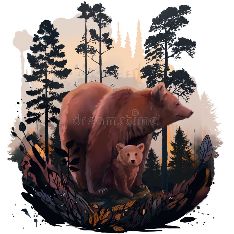 Two Bears in the Forest among the Leaves Stock Illustration ...