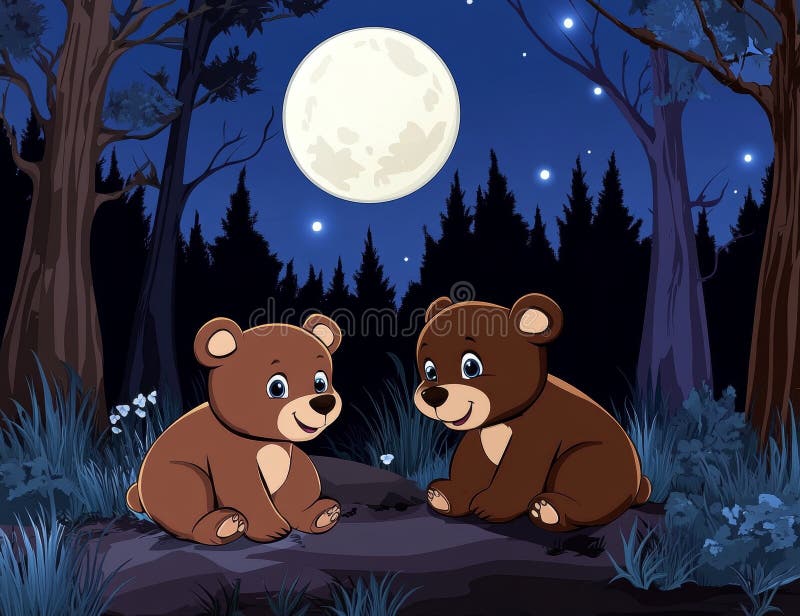 Two Bears in the Jungle at Night Cartoon Illustration Stock Image ...