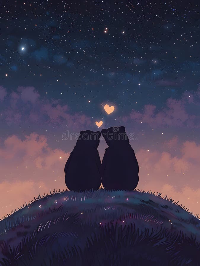 Two Bears in Love on a Hill at Night. Vector Illustration Stock ...