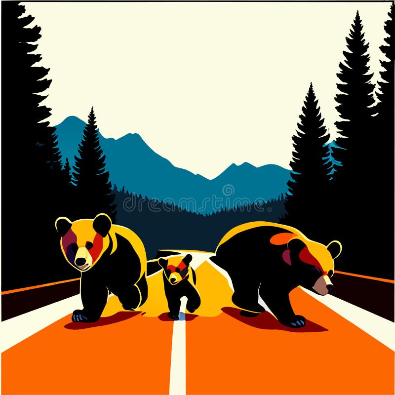 Two Bears on the Road in the Forest. Vector Illustration in Flat Style ...