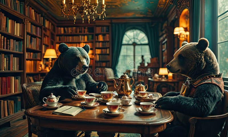 Two Bears are Sitting at a Table with Cups of Tea in Front of Them. One ...