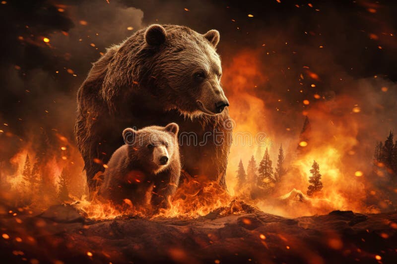 Two Bears are Standing Next To a Fire in a Forest, Symbolizing the ...