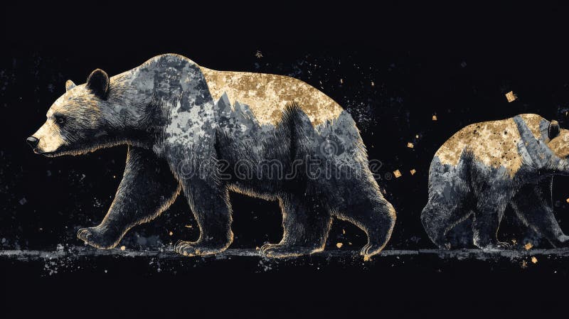Two Bears Walking with Mountains Inside Them Stock Illustration ...