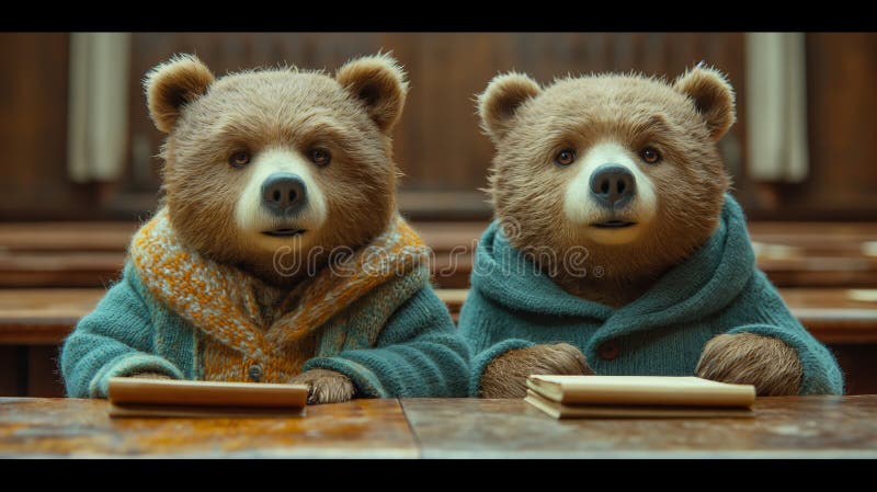 Two Bears in Warm Clothes Sitting at the Table and Reading a Book Stock ...