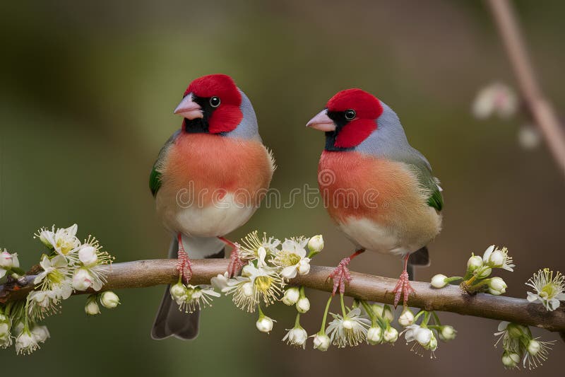 Two Beautiful Birds Perched on Flowering Tree Branch in Forest Stock ...