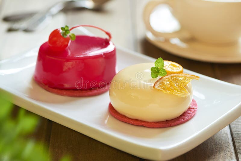 Two Beautiful Cakes on White Plate Stock Photo - Image of french ...