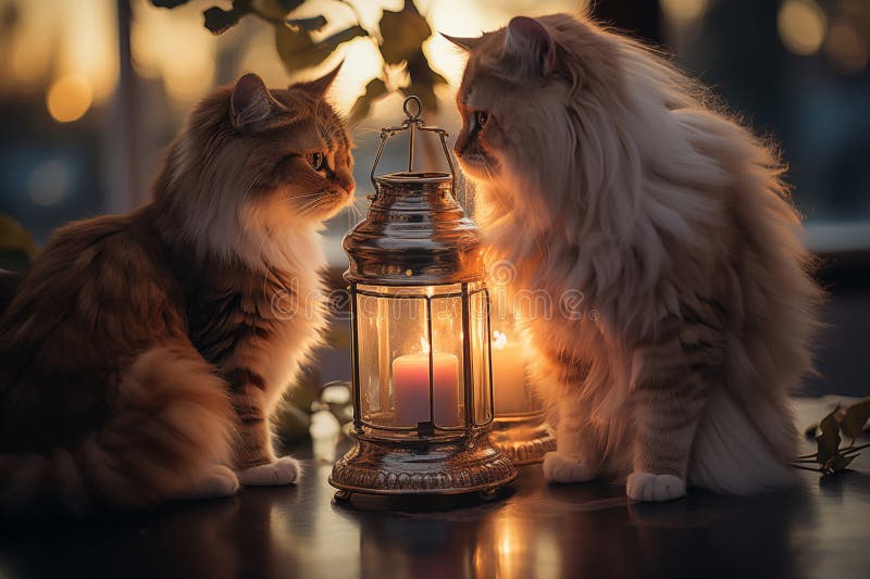 Two Beautiful Cats Looking into Each Other S Eyes in Front of a Lantern ...