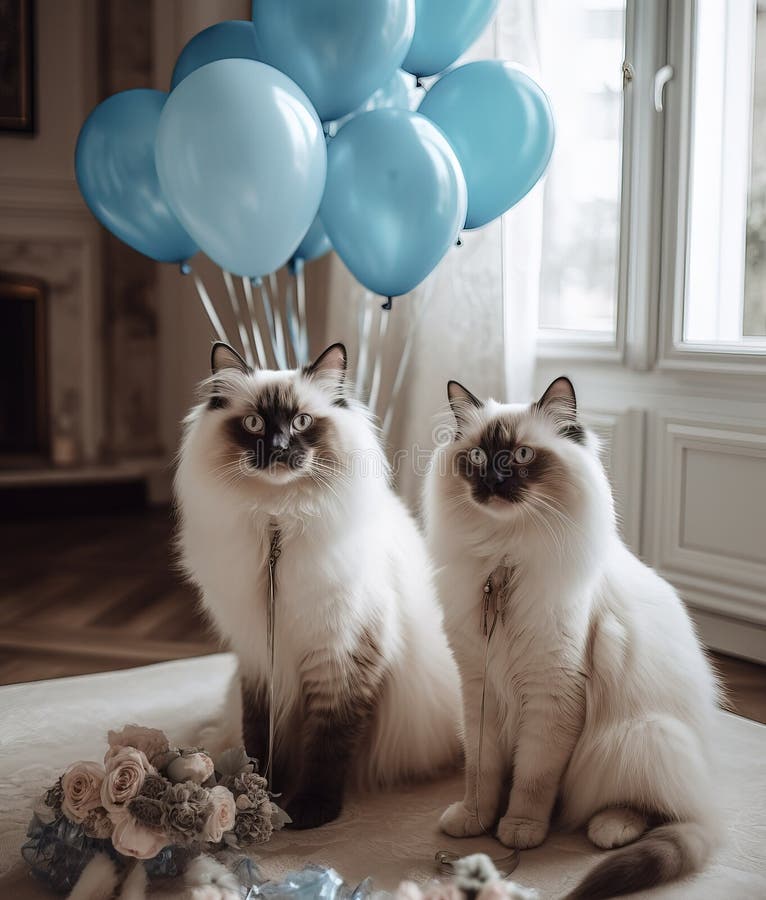 Two Beautiful Cats in a Luxurious Classic Interior with Balloons and ...