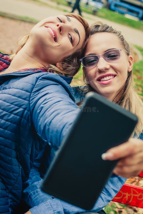 Two Beautiful Friends Funny Selfie on a Tablet Stock Photo - Image of ...