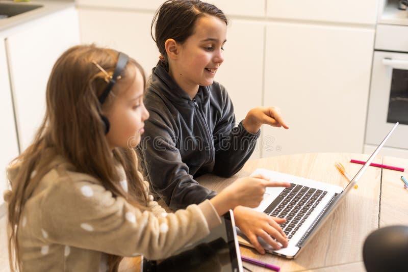 Two Beautiful Girls Study at Home Stock Image - Image of home, computer ...