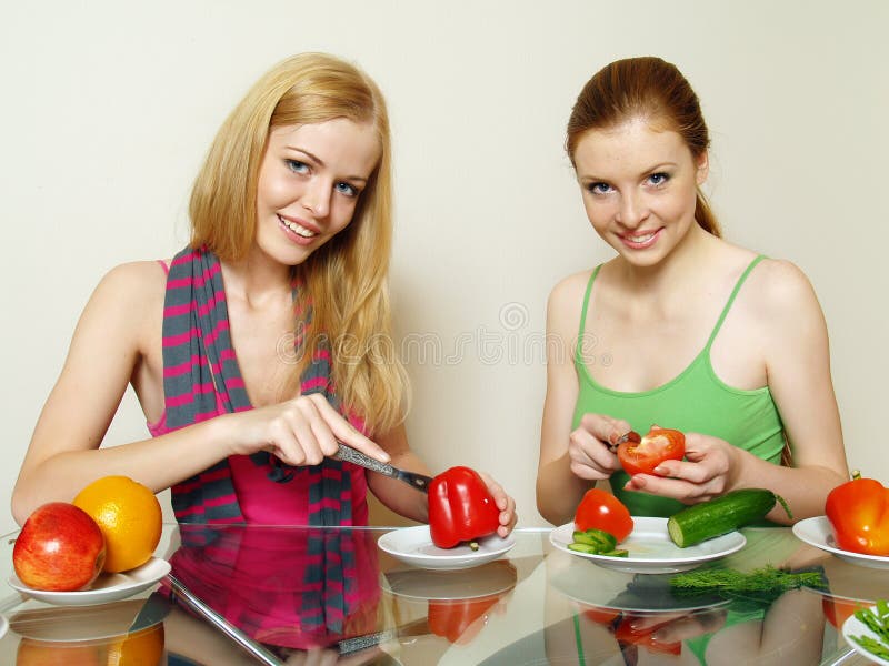 Two Beautiful Girls with Vegetables and Fruit Stock Photo - Image of ...