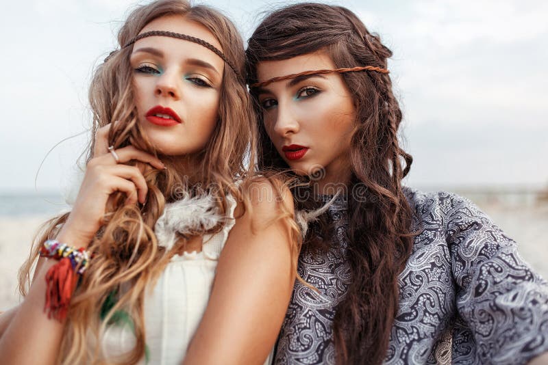 Two Beautiful Hippie Girls with Dright Make Up and Hairstyle Loo Stock ...