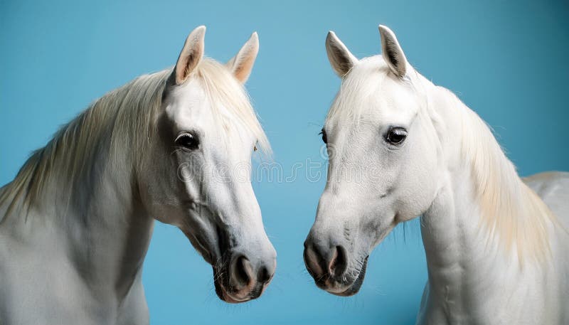 Two Beautiful Horses on a Light Blue Studio Wallpaper Background Stock ...