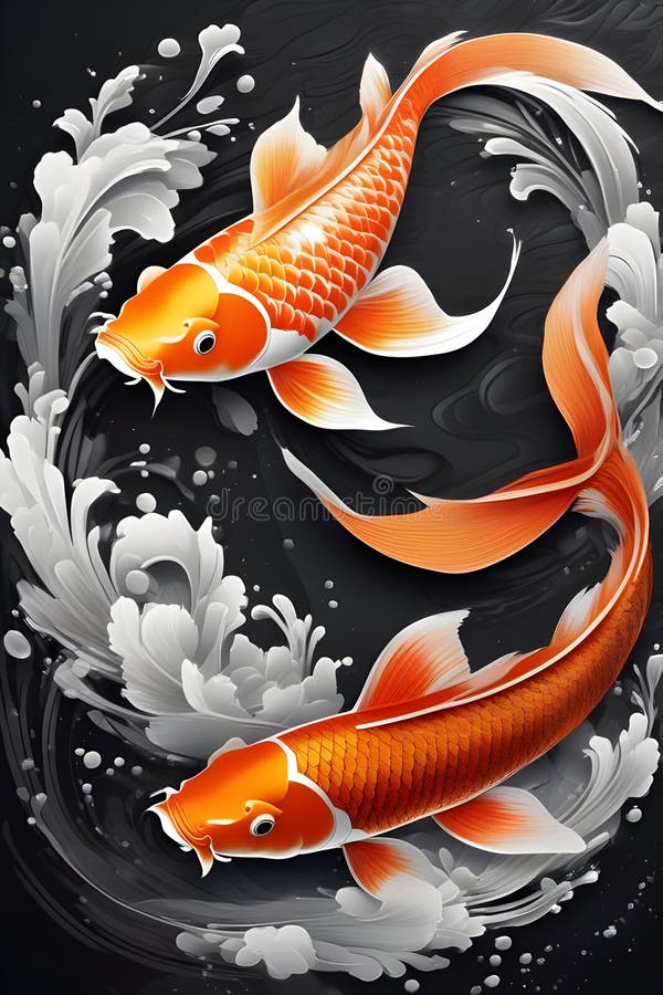 Two Beautiful Koi Fish in Calligraphy Style, with Splash Effect, Ink ...