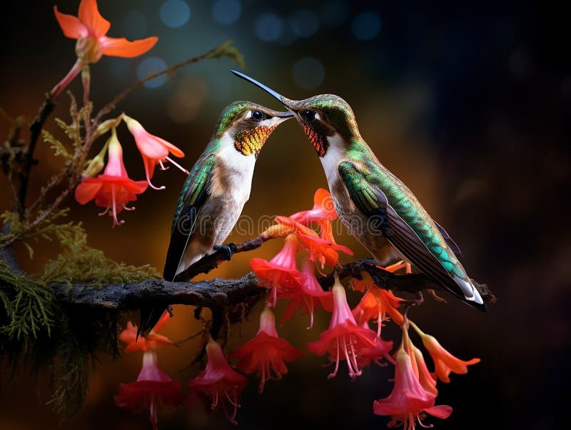 Two Beautiful Multicolored Hummingbirds in Love on a Tree Branch in the ...