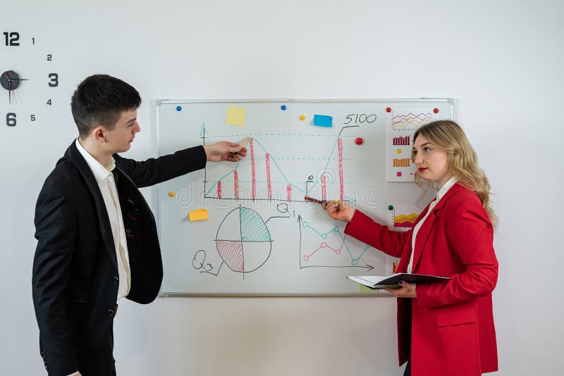 Two Beautiful Office Workers Working on Flipchart Drawing Business ...