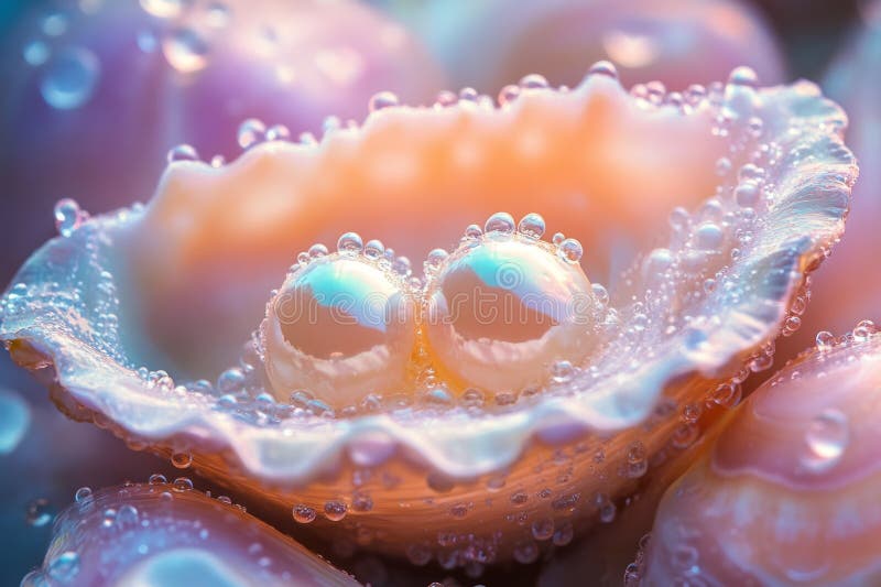 Two Beautiful Pearls are Lying on a Shell, Covered with Small Drops of ...