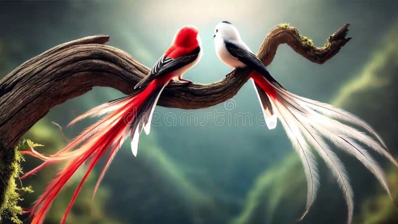 Two Beautiful Red and White Birds Perched in a Loving Embrace on a Tree ...
