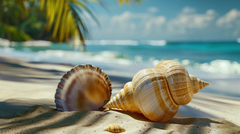 Two Beautiful Sea Shells on Sandy Tropical Beach by the Ocean with ...