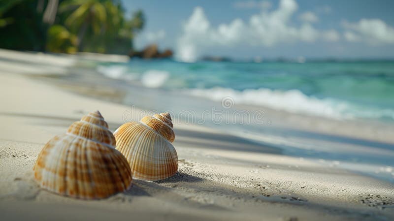 Two Beautiful Sea Shells on Sandy Tropical Beach by the Ocean with ...