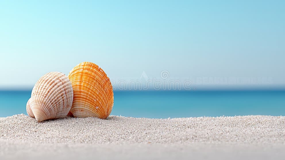 Two Beautiful Seashells Resting on a Sandy Beach with a Clear Blue ...