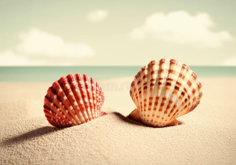 Two Beautiful Seashells Resting on Sandy Beach with a Serene Ocean ...