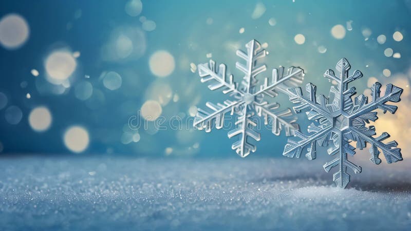 Two Beautiful Silver Snowflakes on a Soft Blue Background with Falling ...