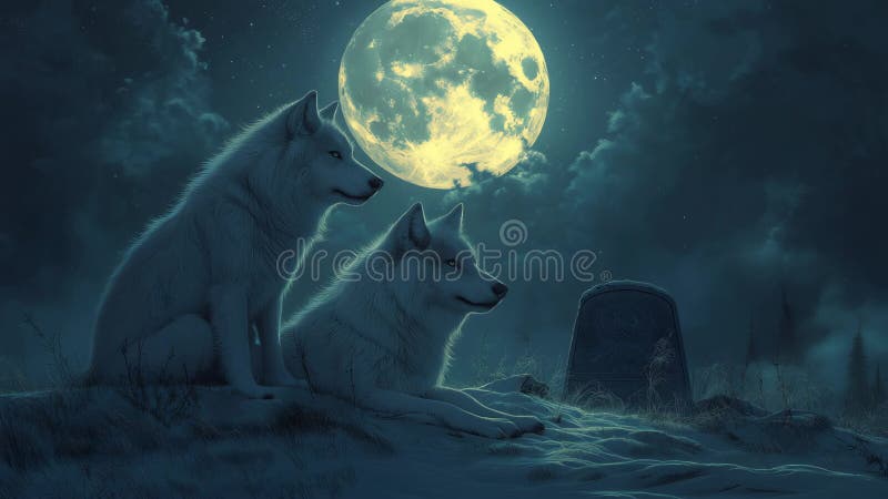 Majestic Wolves Under a Full Moon in a Serene Nighttime Landscape Stock ...