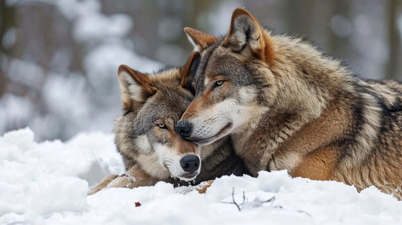 Two Beautiful Wolves in Cold Snowy Winter Forest. Stock Photo - Image ...