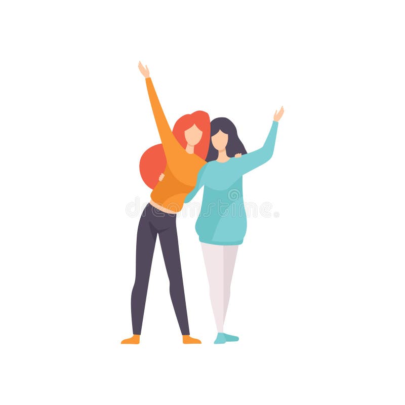 Two Beautiful Women Friends Hugging and Waving Their Hands, Female ... Two Beautiful Women Friends Hugging and Waving Their Hands, Female ...