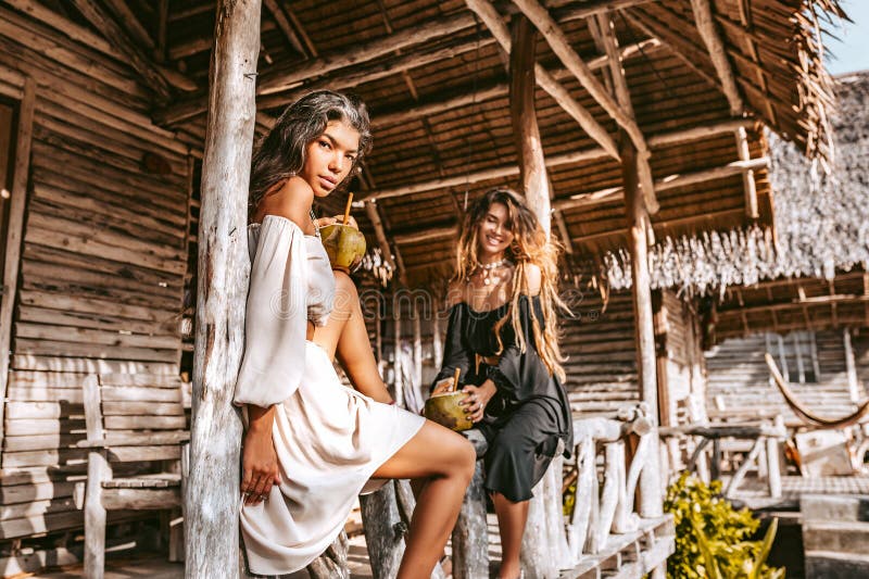 Two Beautiful Young Stylish Fashion Models Having Fun Outdoors Stock ...