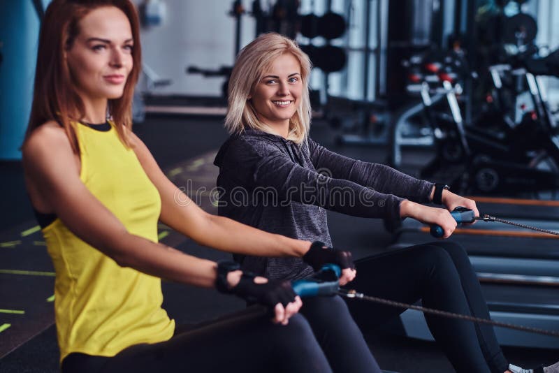 Two Beautiful Young Women Doing Rowing Practice in the Gym Stock Photo ...