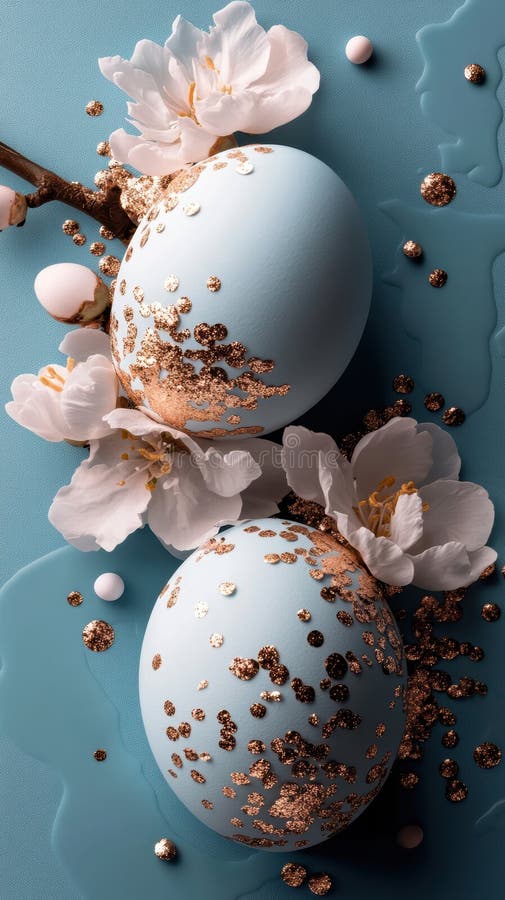 Two Beautifully Designed Golden Eggs Rest on a Vibrant Blue Surface ...