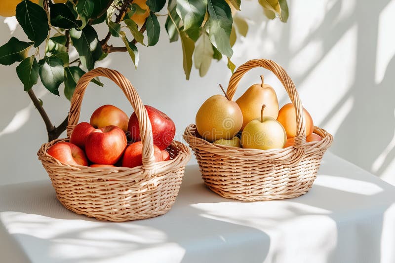 Two Beautifully Woven Baskets Filled with Ripe Apples and Pears Sit ...