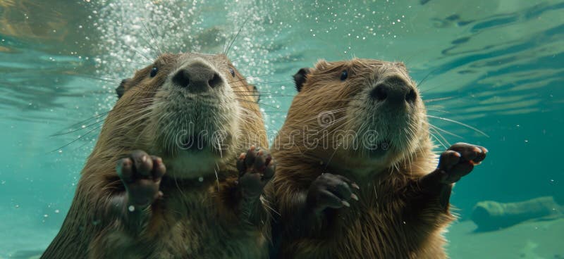 Two Beavers with One Looking Up Underwater Stock Photo - Image of ...