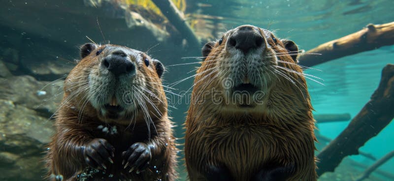 Two Beavers with One Looking Up Underwater Stock Photo - Image of brown ...