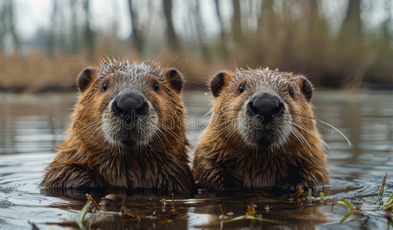 Two Beavers are Sitting in the Water and Looking at the Camera Stock ...