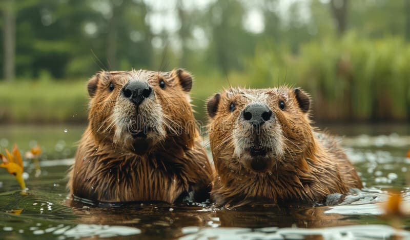 Two Beavers are Sitting in the Water and Looking at the Camera. Stock ...